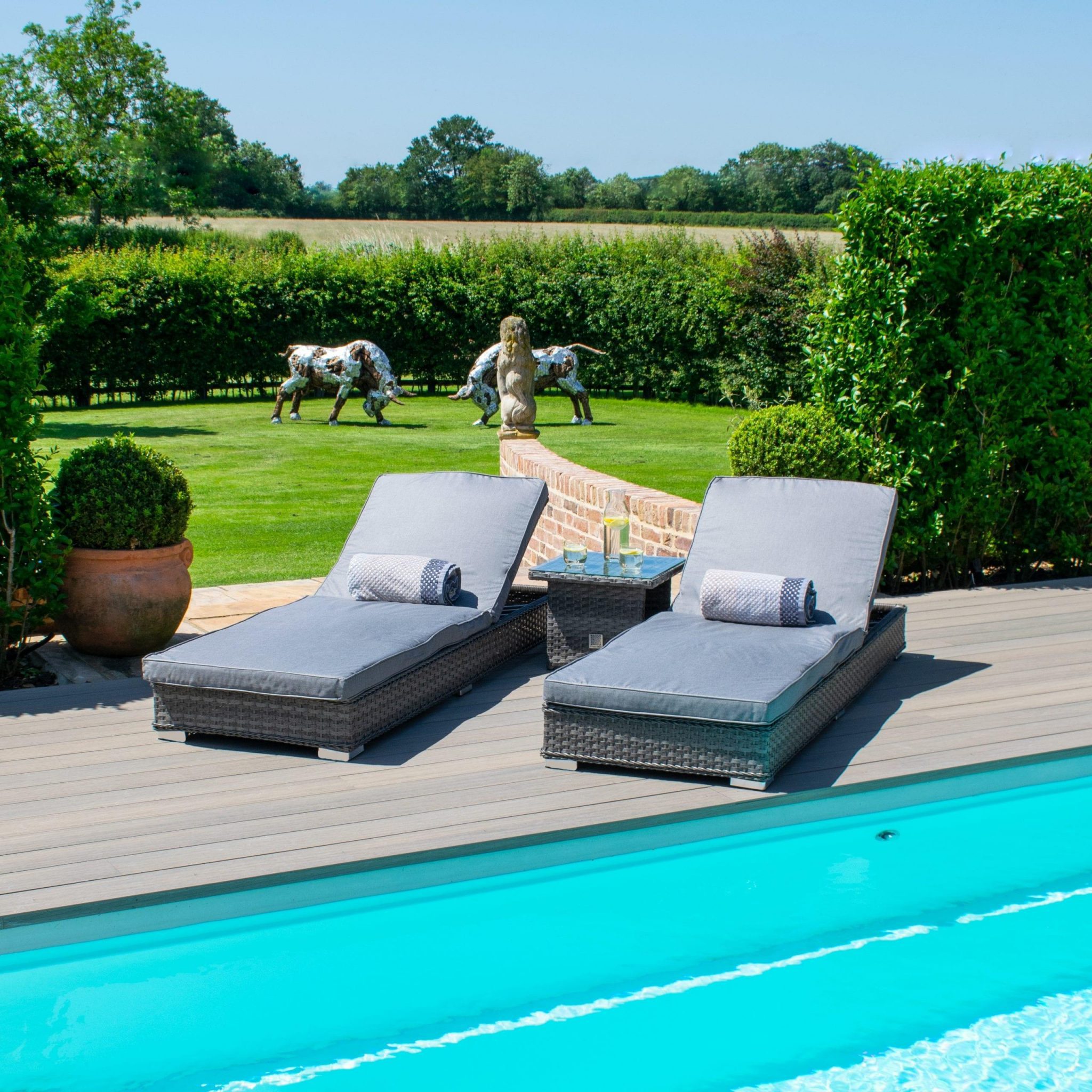 Double Sun Lounger Set - Glass Top Side Table - Grey Polyweave Rattan