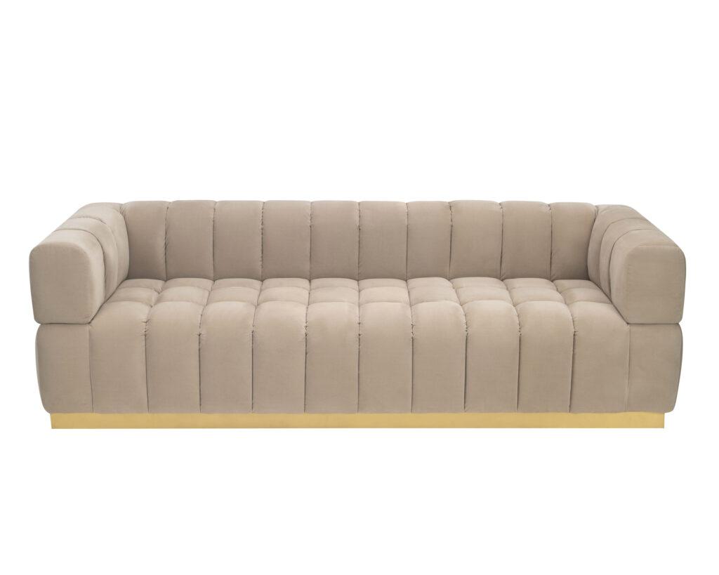 3 Seater Sofa - Ribbed Soft Latte Velvet - Brass Finished Feet Surround