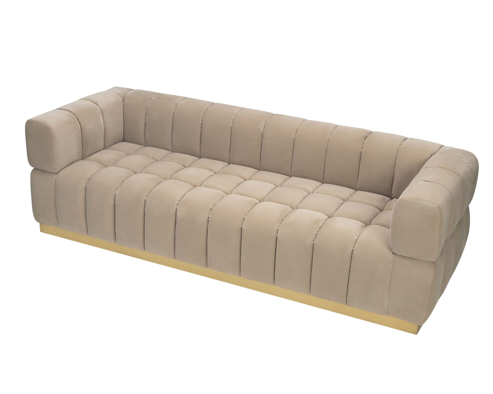 3 Seater Sofa - Ribbed Soft Latte Velvet - Brass Finished Feet Surround