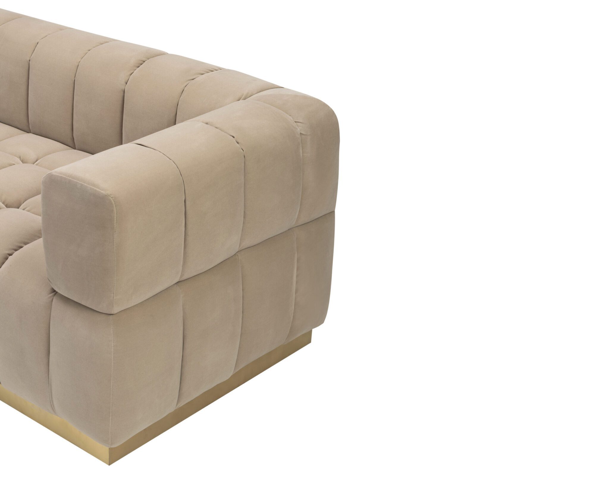 3 Seater Sofa - Ribbed Soft Latte Velvet - Brass Finished Feet Surround