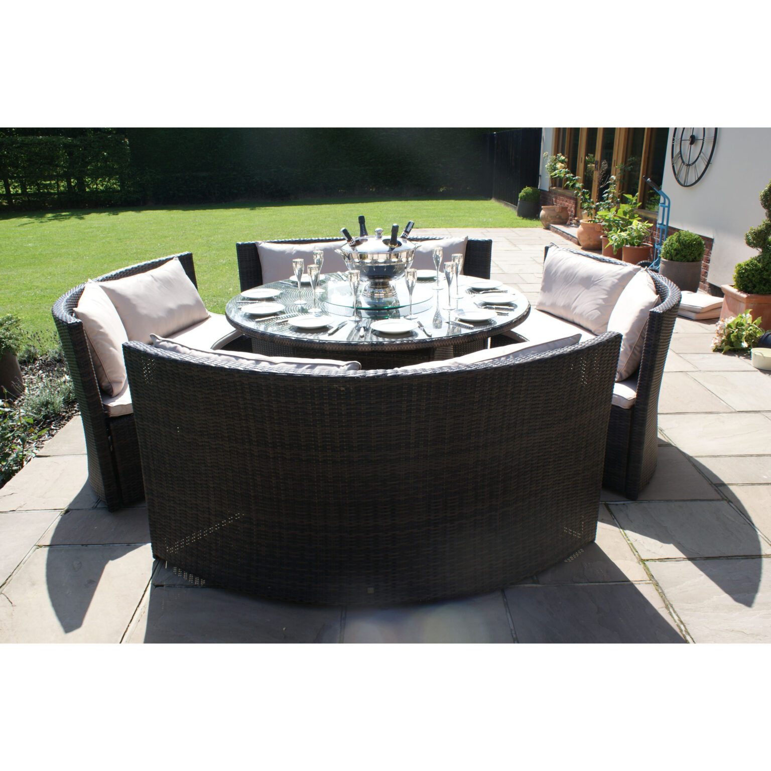 Garden Round Dining Set - 8 Seater Round Dining Table - Brown Poly Weave