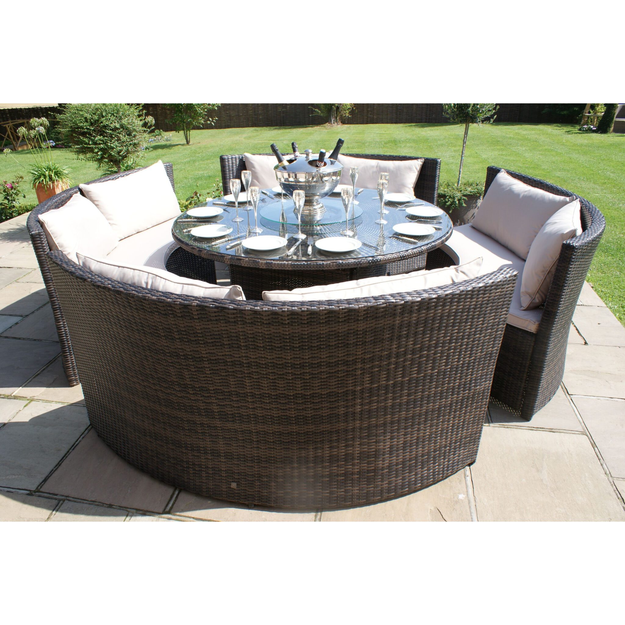 Garden Round Dining Set - 8 Seater Round Dining Table - Brown Poly Weave