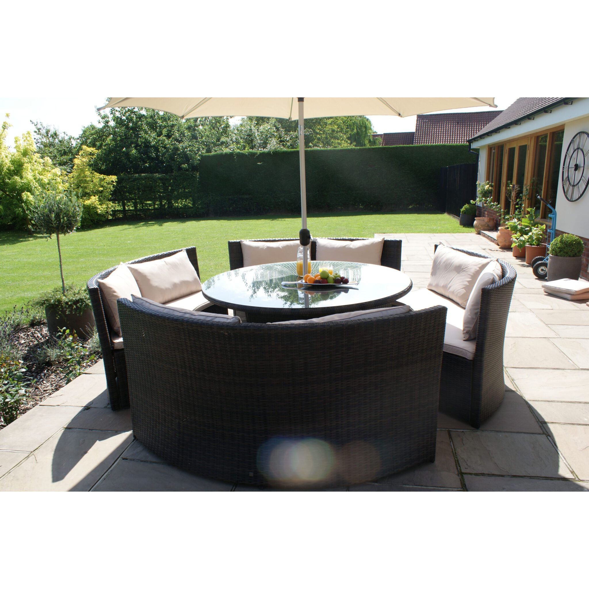 Garden Round Dining Set - 8 Seater Round Dining Table - Brown Poly Weave