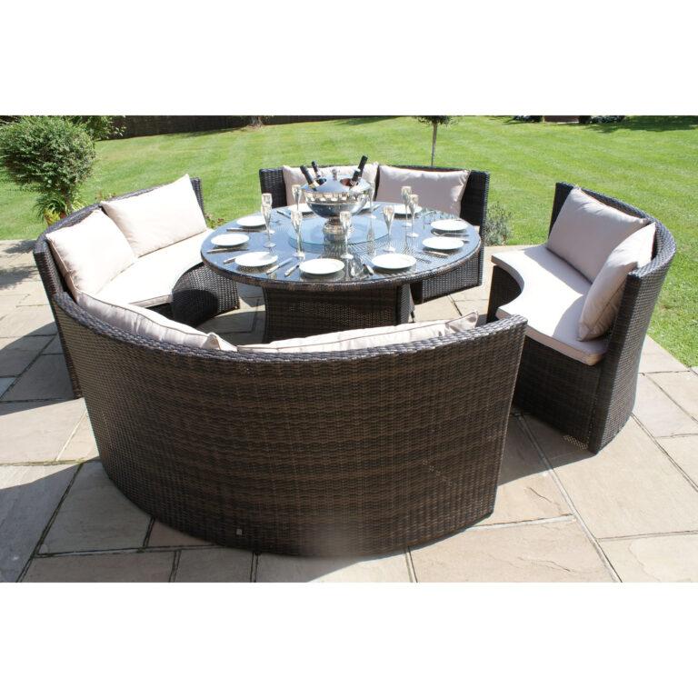 Garden Round Dining Set - 8 Seater Round Dining Table - Brown Poly Weave