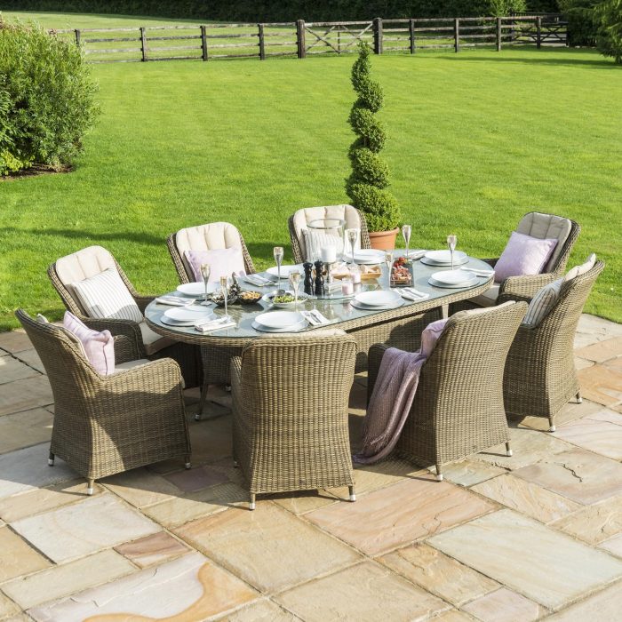 8 Seat Oval Garden Dining Table Set - Inset Ice Bucket - Umbrella ...
