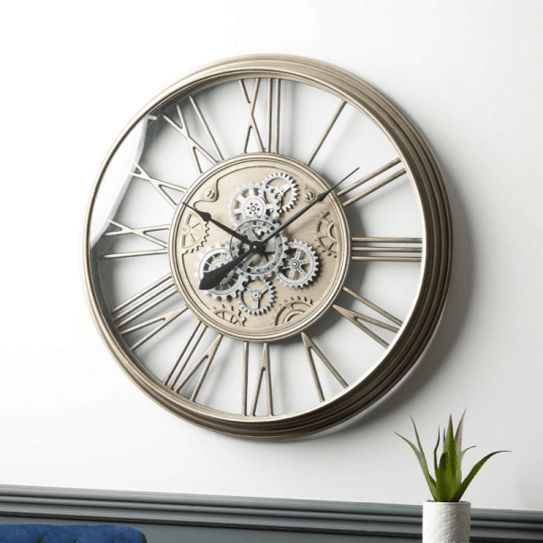 Wall Clock Moving Cogs - Battery Operated - Champagne Silver
