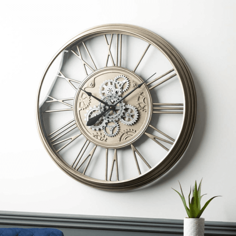 Wall Clock Moving Cogs - Battery Operated - Champagne Silver