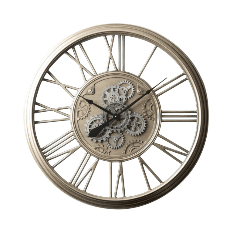 Wall Clock Moving Cogs - Battery Operated - Champagne Silver