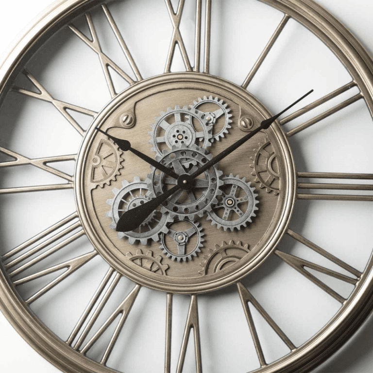 Wall Clock Moving Cogs - Battery Operated - Champagne Silver